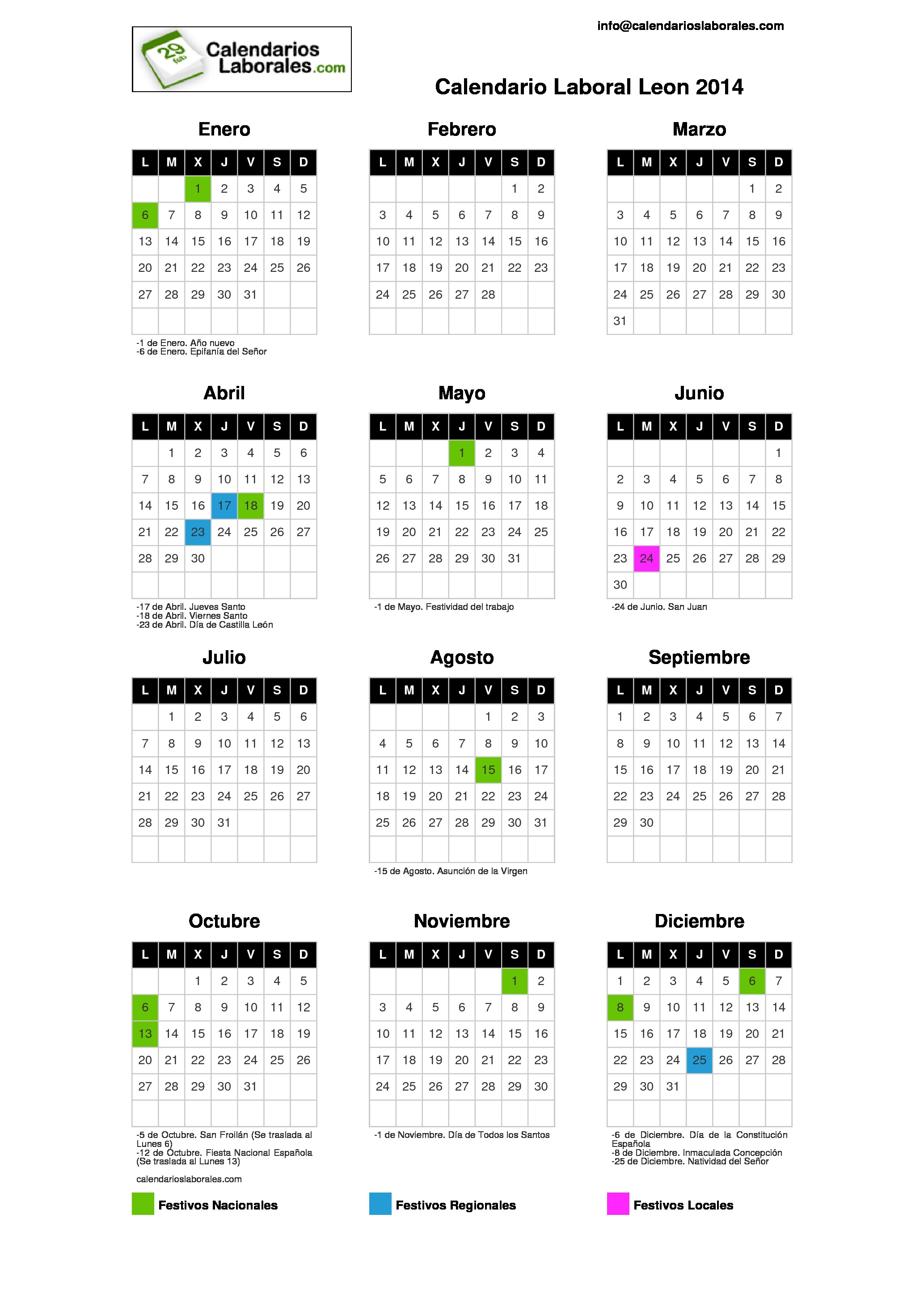 Calendario Laboral León 2014
